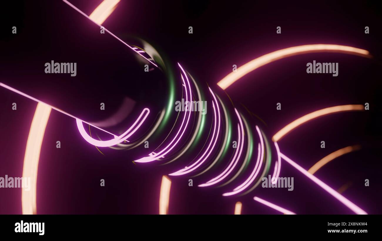Glowing lines rotate around pipe. Design. Metal tube with moving ...