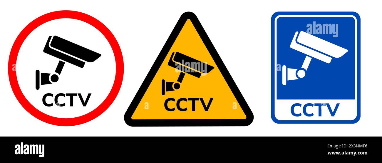 cctv sign symbol in circle triangle and blue graphic set yellow sticker ...