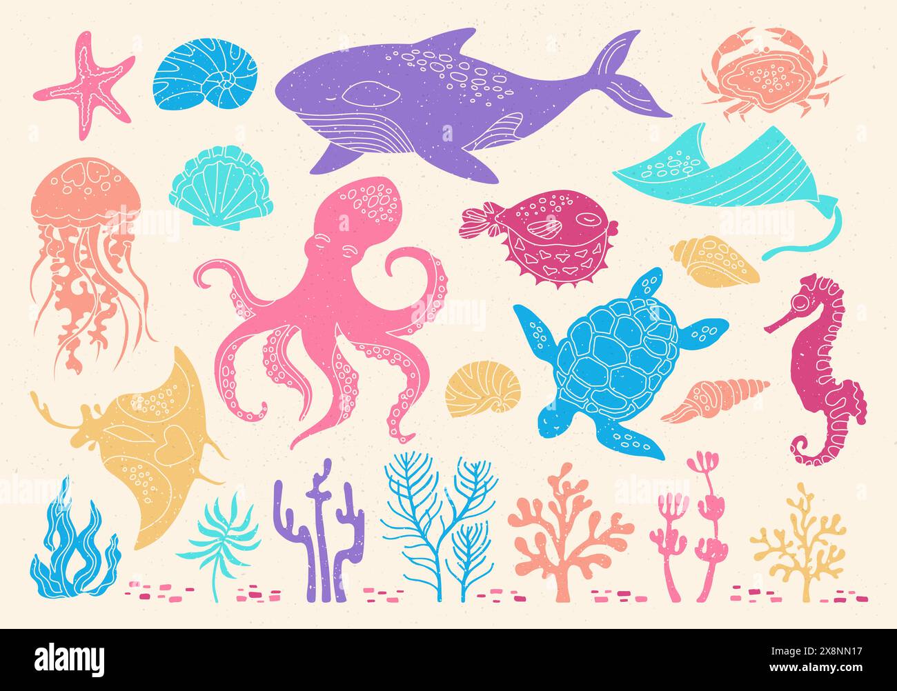 Ocean sea animals cartoon set with grunge effect. Marine comic design ...