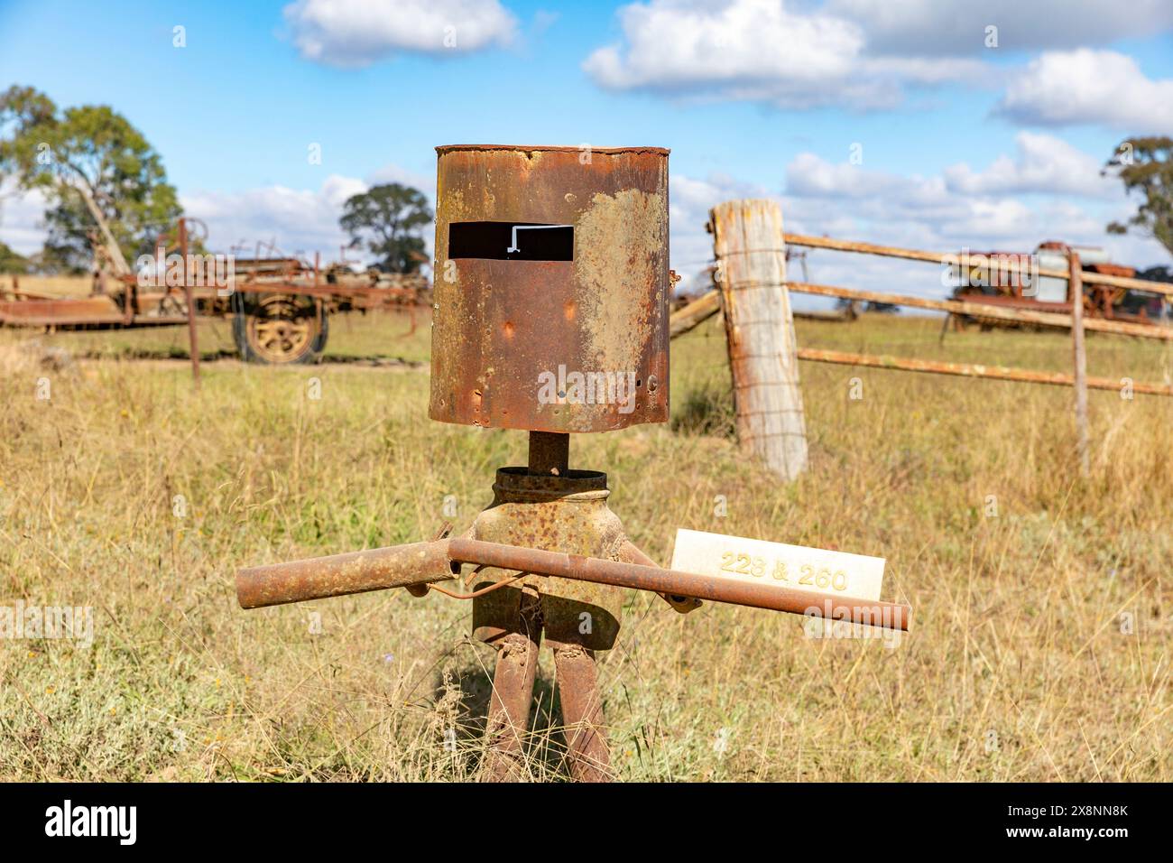 Ned Kelly letterbox mailbox made of metal on a farm beside Dangars ...