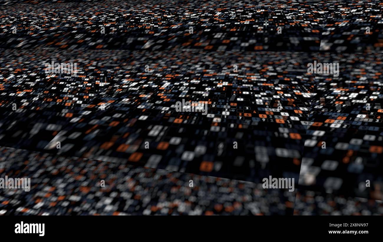 Endless quantity of numbers flying and blinking in digital space ...