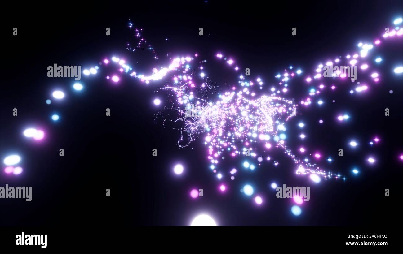 Abstract purple tiny glowing dots flying on a black background. Design ...