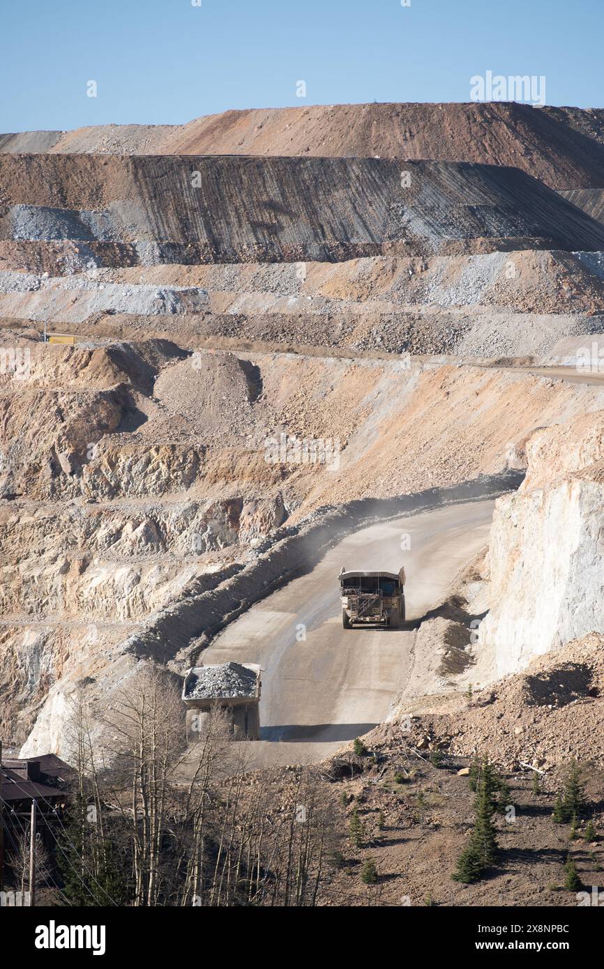 Huge ore trucks haul gold ore from the open pit mine to processing at ...