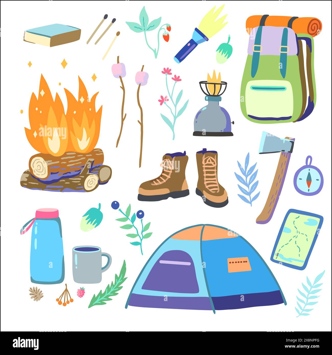 Set of camping and hiking elements. Summer tourism items for trekking ...