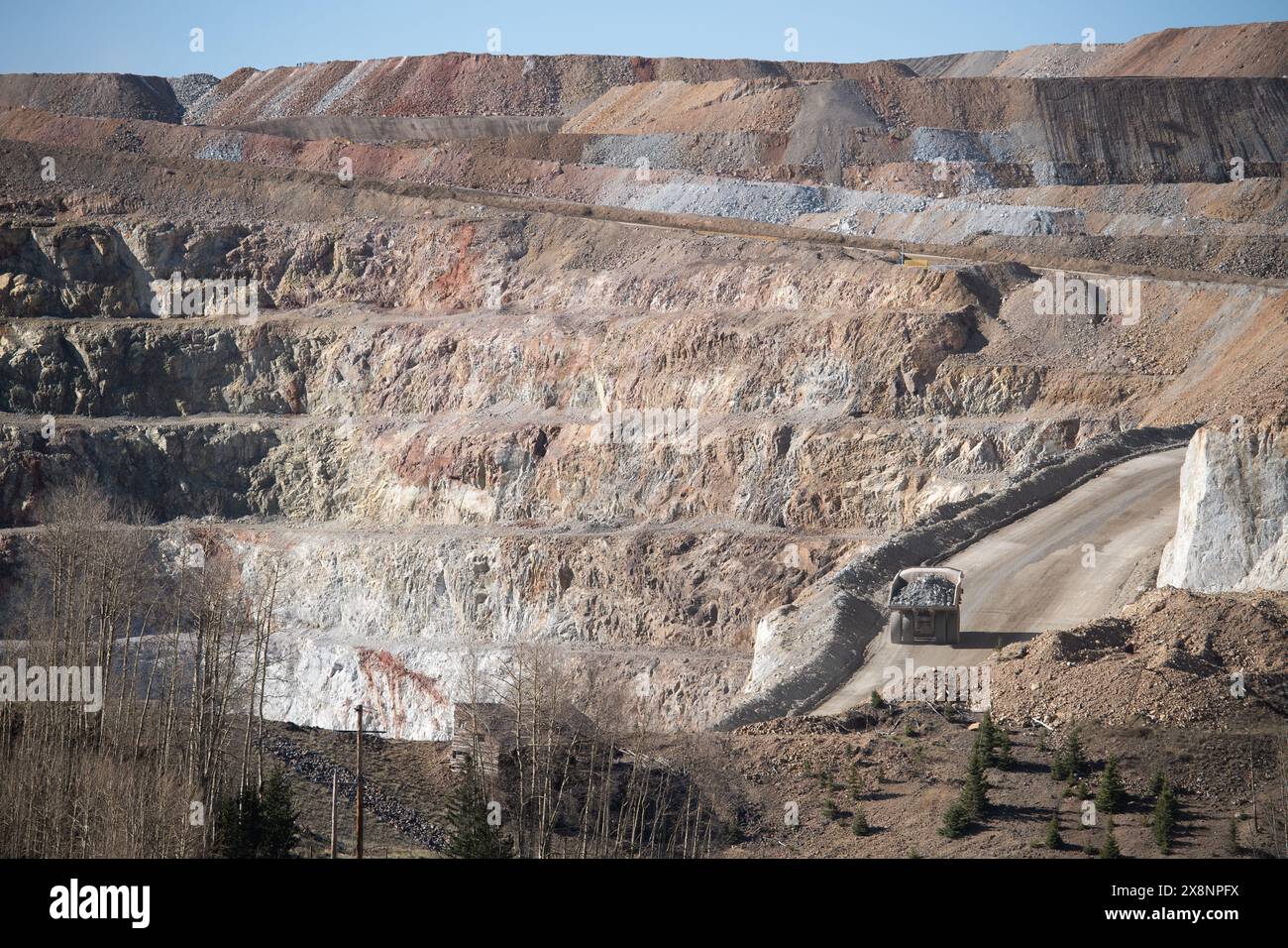 Huge ore trucks haul gold ore from the open pit mine to processing at ...