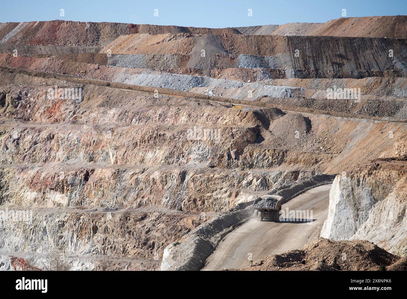 Huge ore trucks haul gold ore from the open pit mine to processing at ...