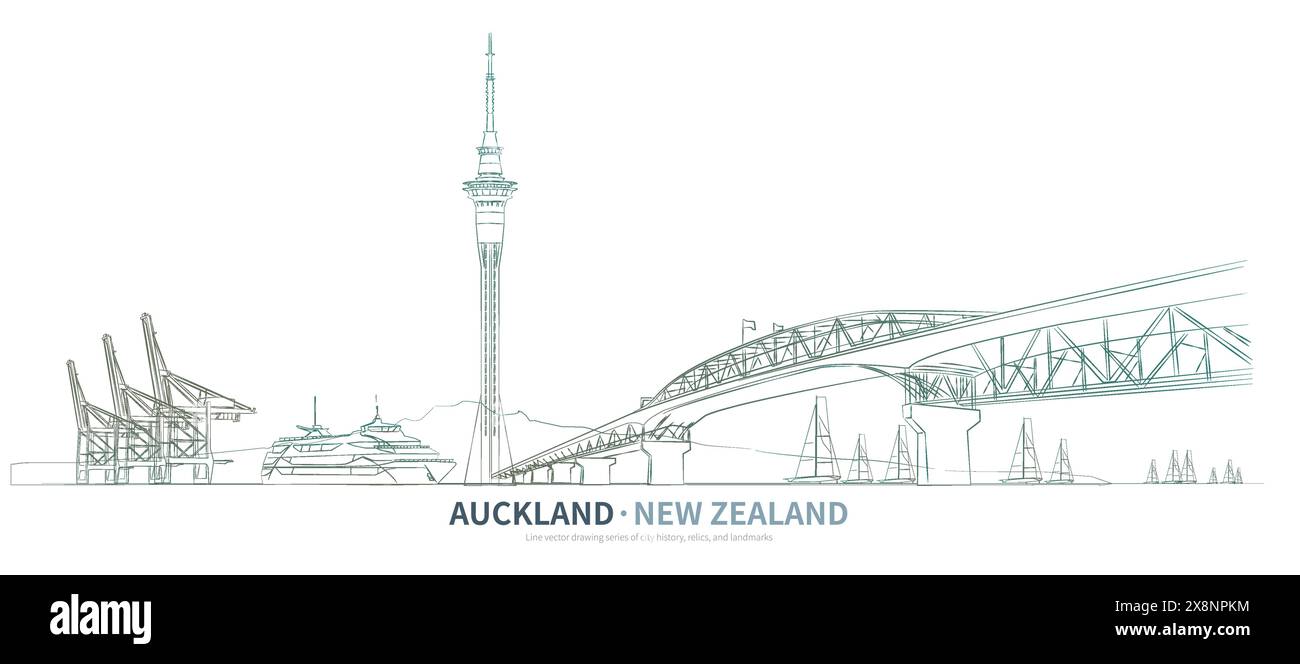 New Zealand cityscape line drawing vector. Auckland city scape sketch ...