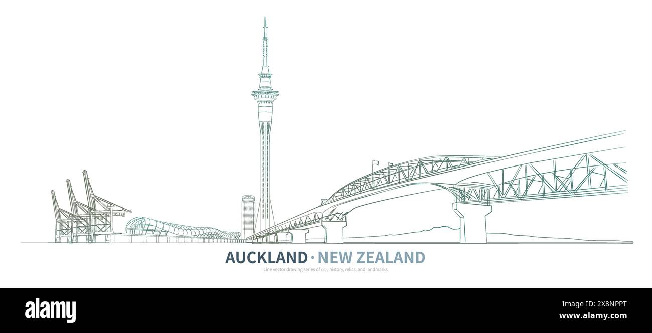 New Zealand cityscape line drawing vector. Auckland city scape sketch ...