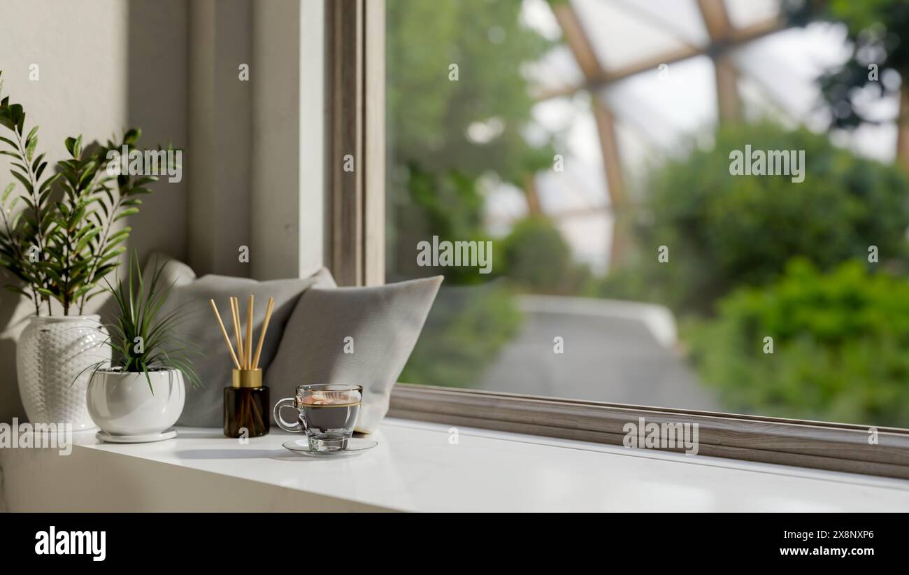 A close-up image of a white window sill or window board featuring a ...