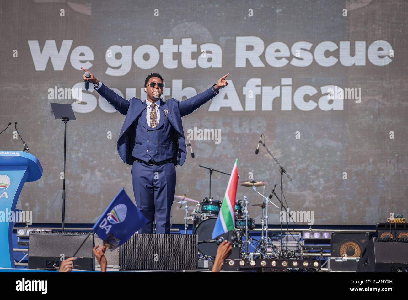 Benoni, South Africa. 26th May, 2024. Singer Lloyd Celeat performs the ...