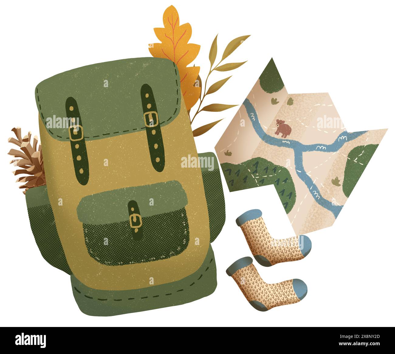 Retro colors backpack with map, socks and leaves illustrations, flat ...