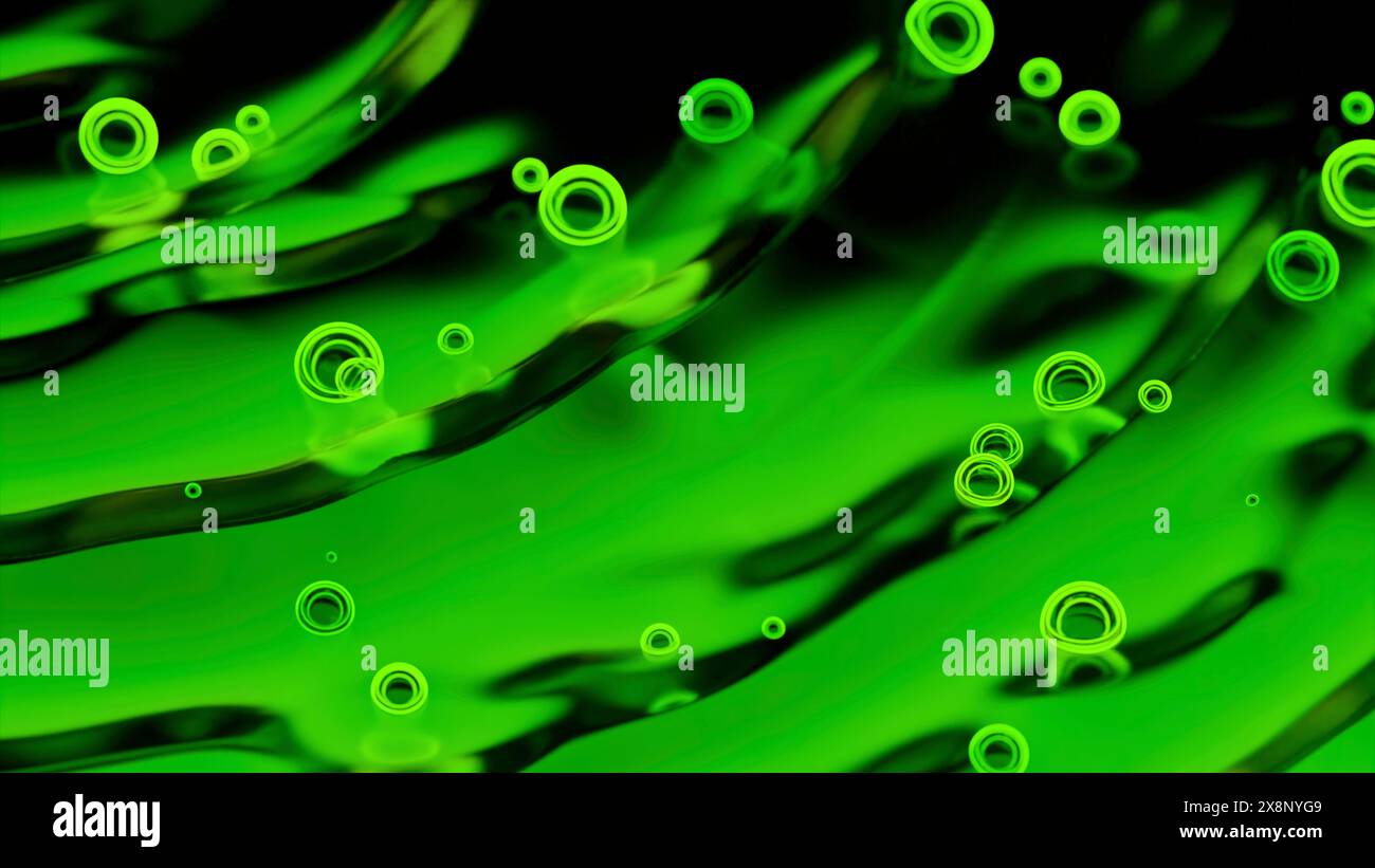 Neon bubbles are moving floating on liquid. Design. Moving bubbles on ...