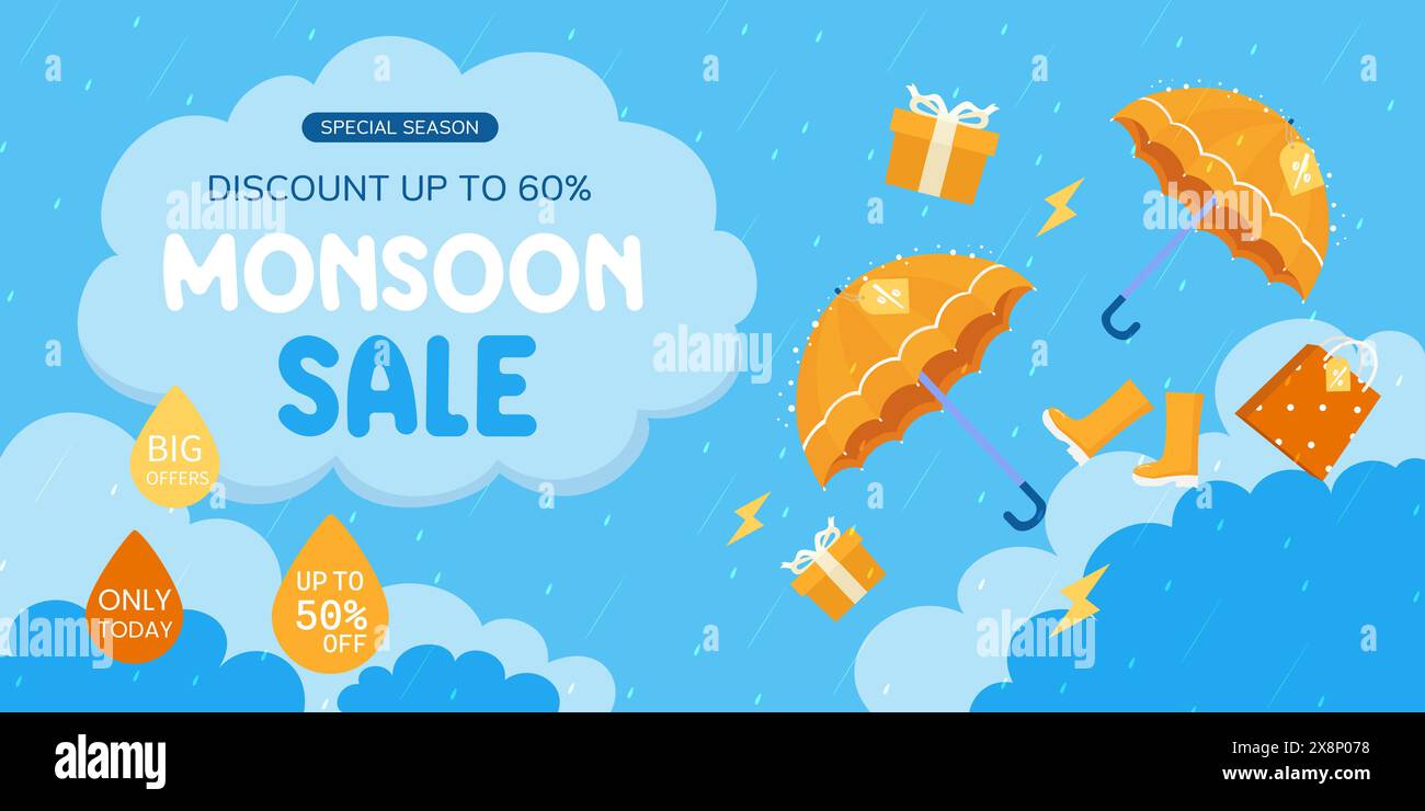 Monsoon Sale Poster. Monsoon Sale banner. Discount, Cute umbrella for ...