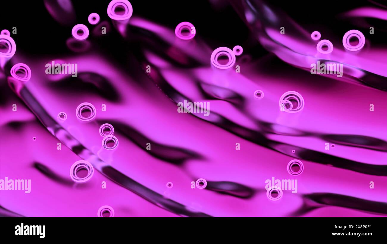 Neon bubbles move on surface of liquid. Design. Bright neon bubbles ...