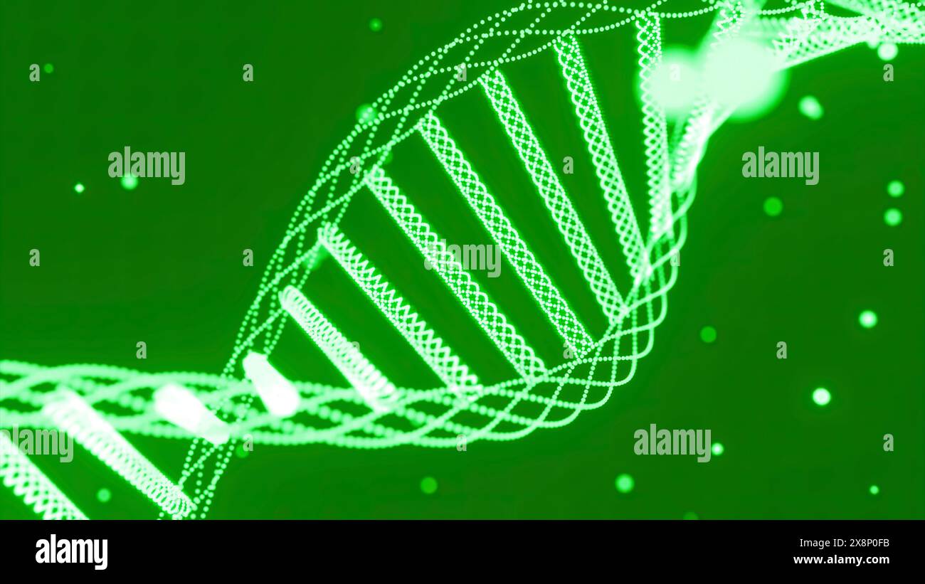Animation of rotating DNA strands. Design. Green spinning abstract dna spiral rotating on a ...