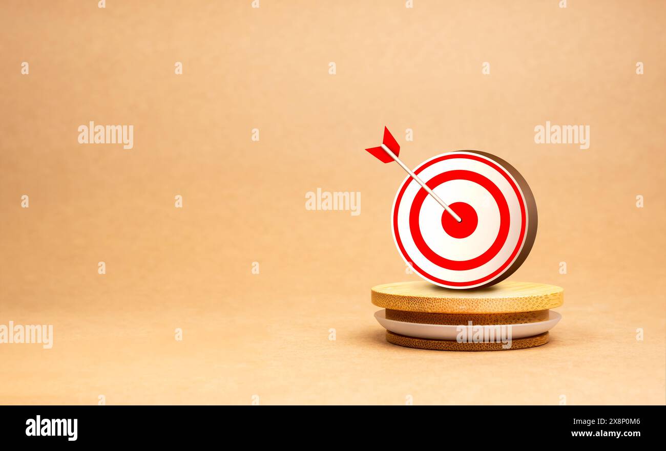3d Target icon, red dartboard and hit arrow, on round wooden blocks ...