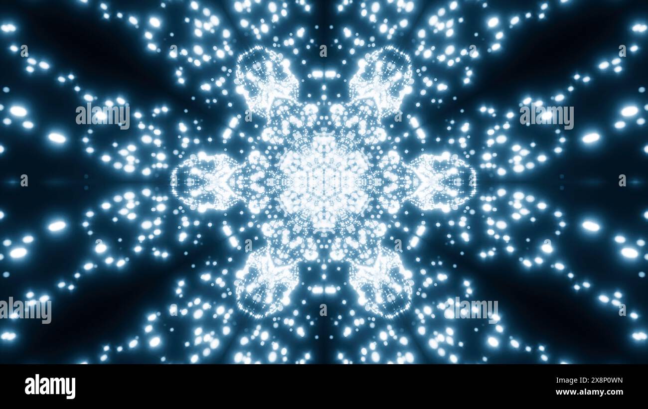 Kaleidoscope of glowing flying stars. Design. Pulsating ornament ...