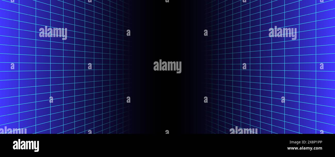 Blue glowing neon wireframe background. Shining checkered vertical grid ...