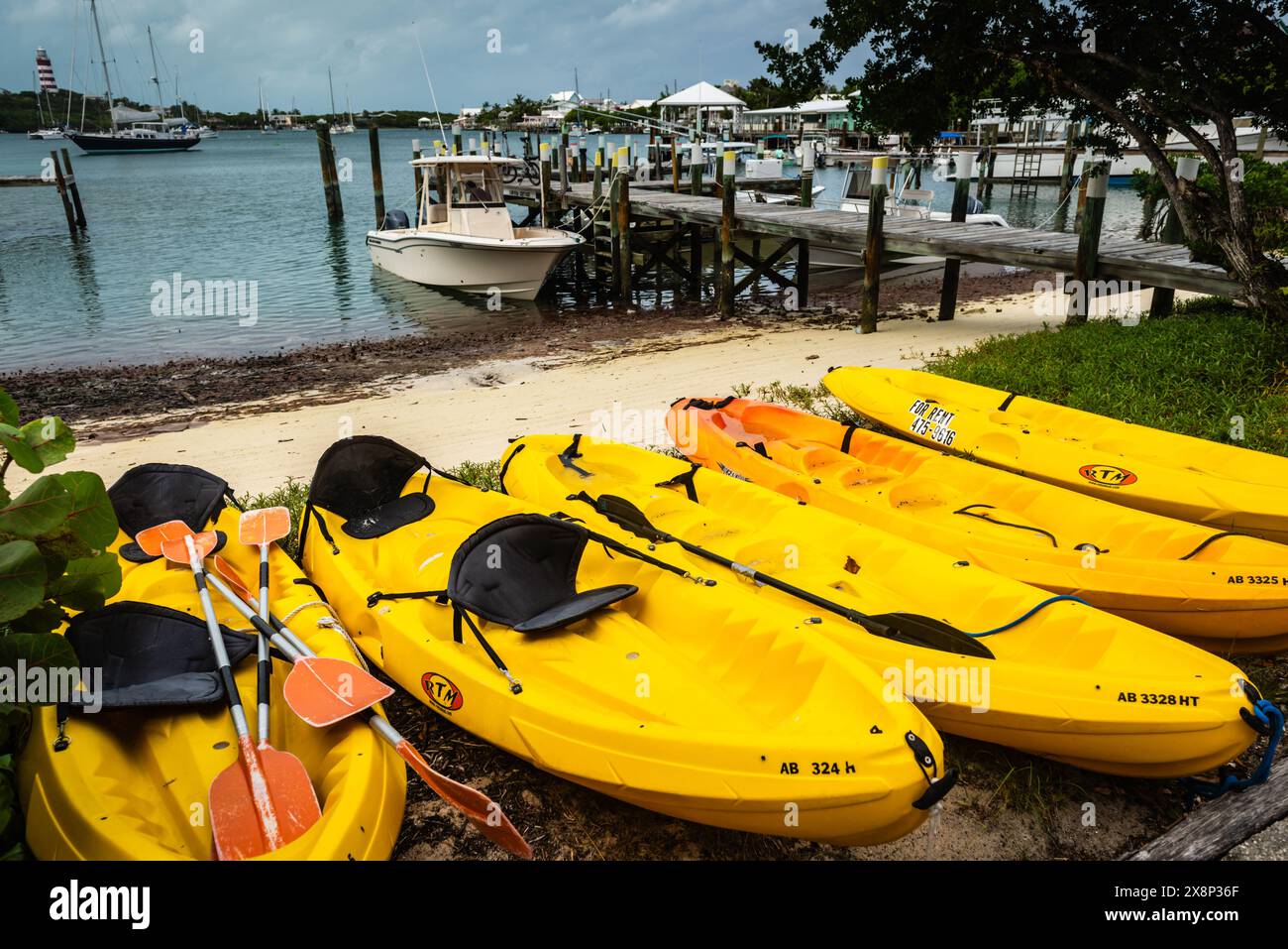 Five yellow ocean kayaks on the shore at the Hope Town marina in the ...