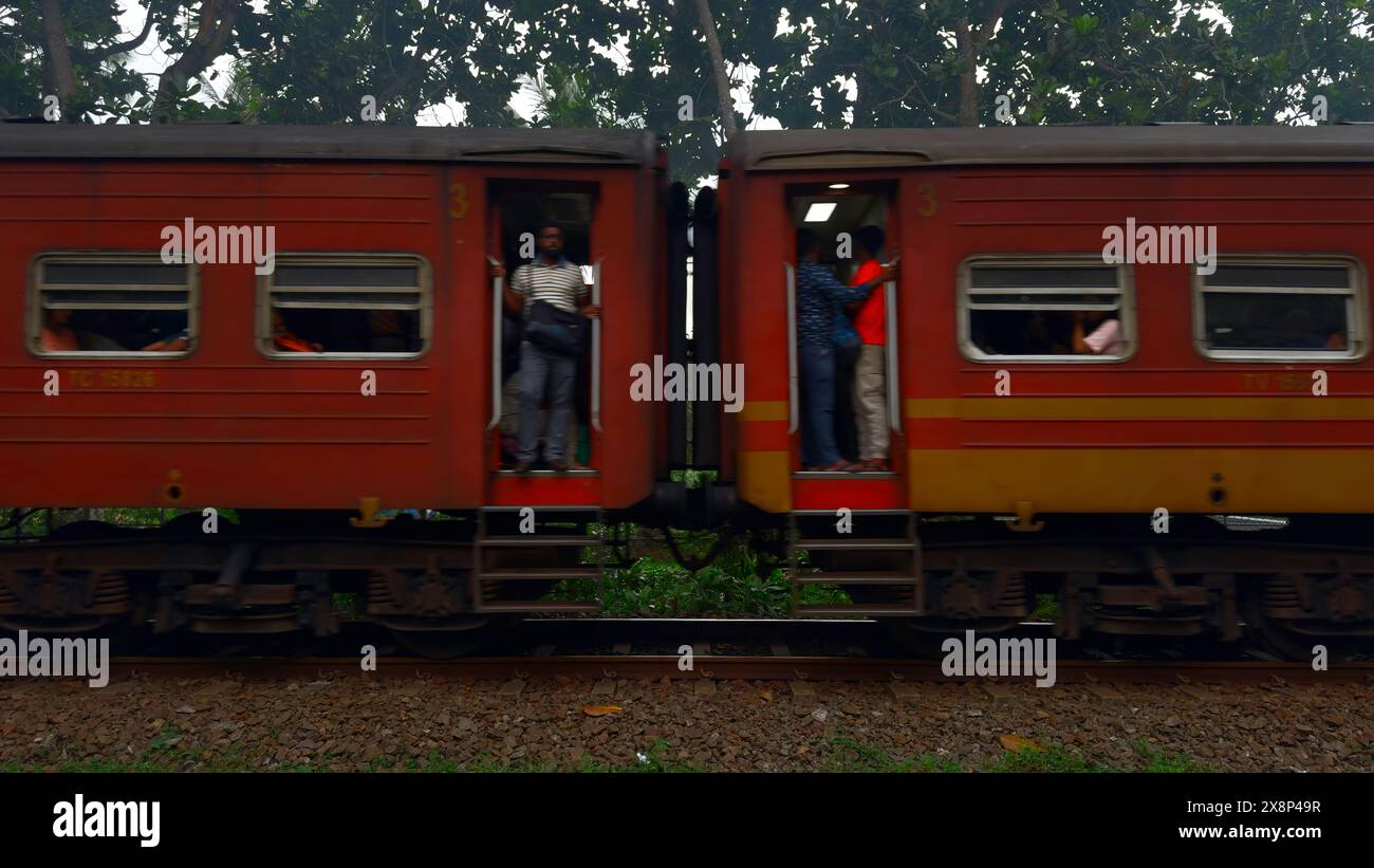Train with people in rainforest. Action. Passing train with people ...