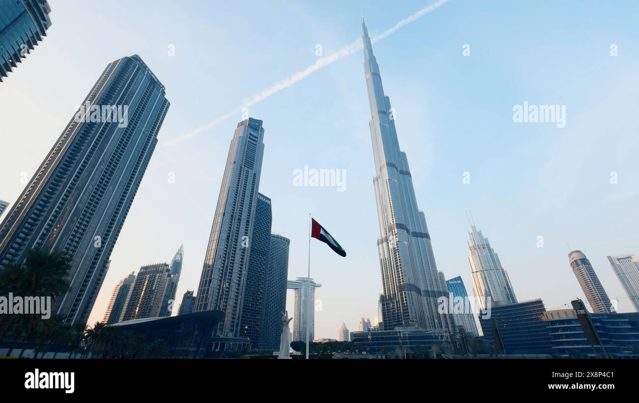 Burj Khalifa at Dubai Mall in UAE, famous landmark. Action. Low angle ...