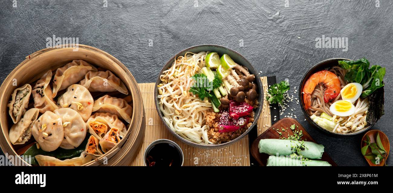 Assorted Chinese food set. Chinese noodles, fried rice, dumplings, dim ...