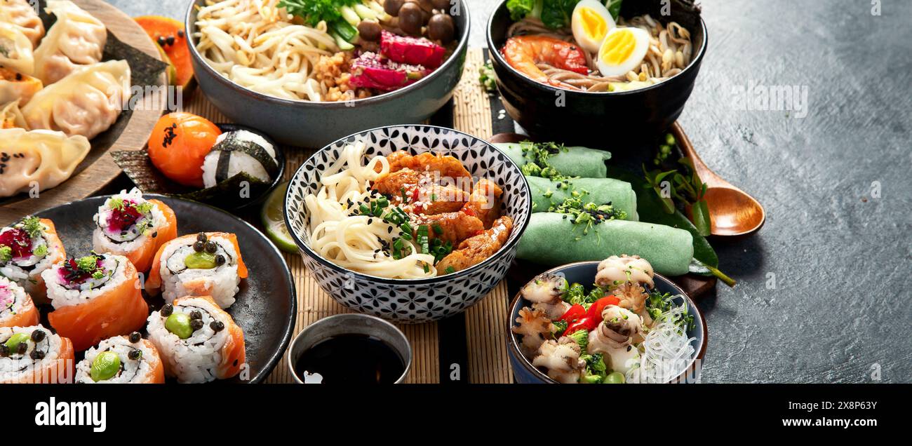 Assorted Chinese food set. Chinese noodles, fried rice, dumplings, dim ...