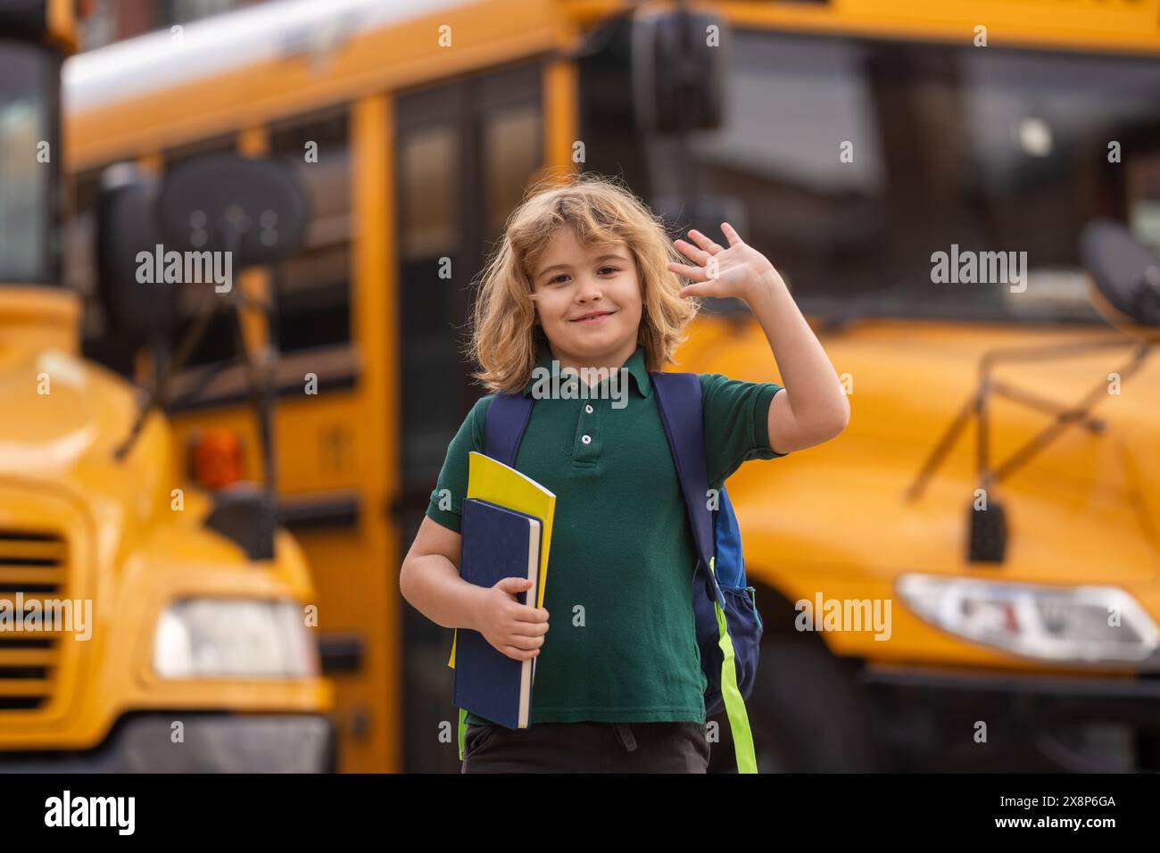 Child go to school. Schoolboy getting on school bus. American School ...