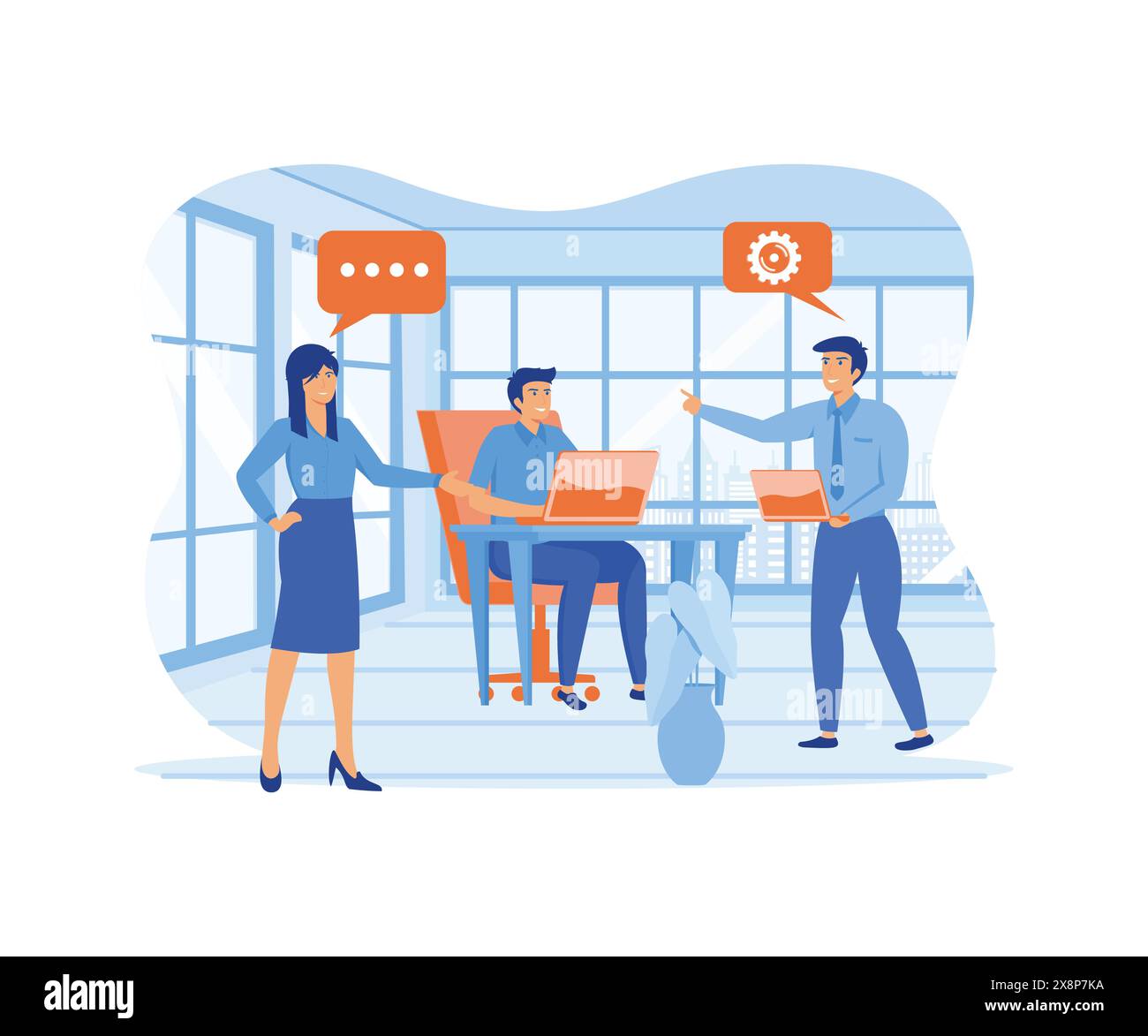 Team discussion. Business people in office talking communicating and ...