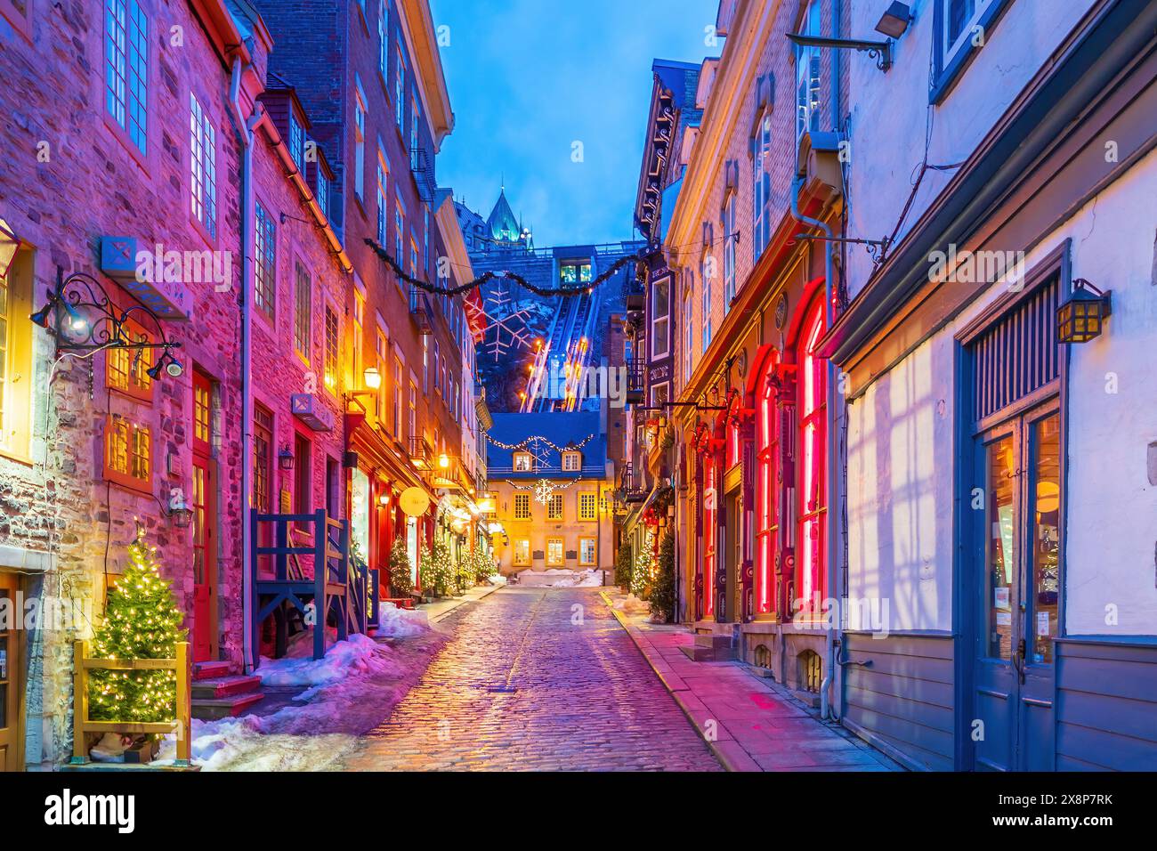 Quebec City skyline with Funicular, cityscape of Canada at sunset Stock ...