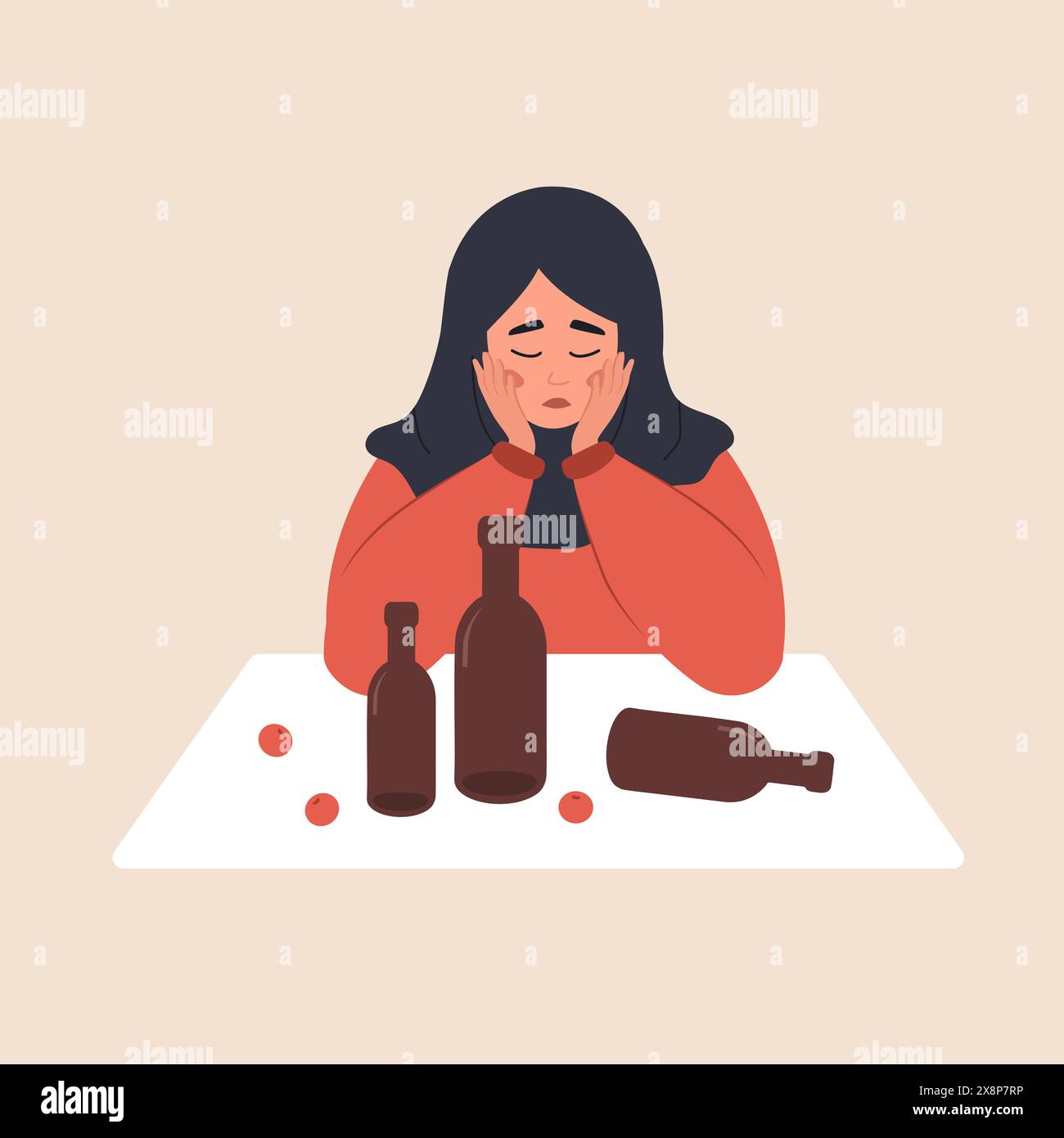 Alcohol abuse. Booze concept. Sad arabian girl sitting at table and ...