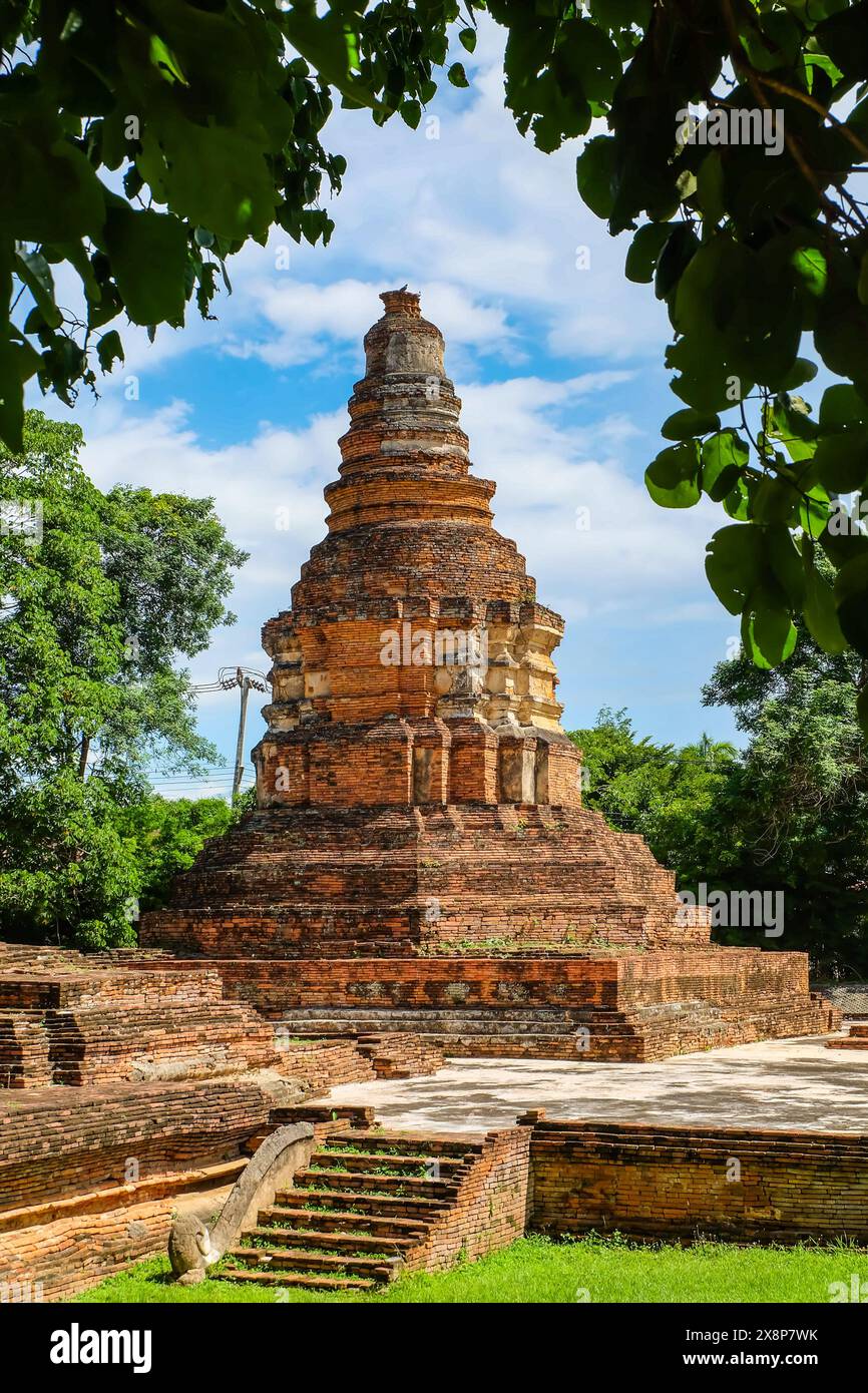 The stupa at Wat E-Kang, Wiang Kum Kam, framed by the leaves of a bidhi ...