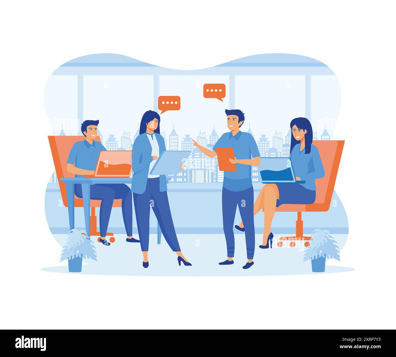 Work talk and discussion. People in office having business conversation ...