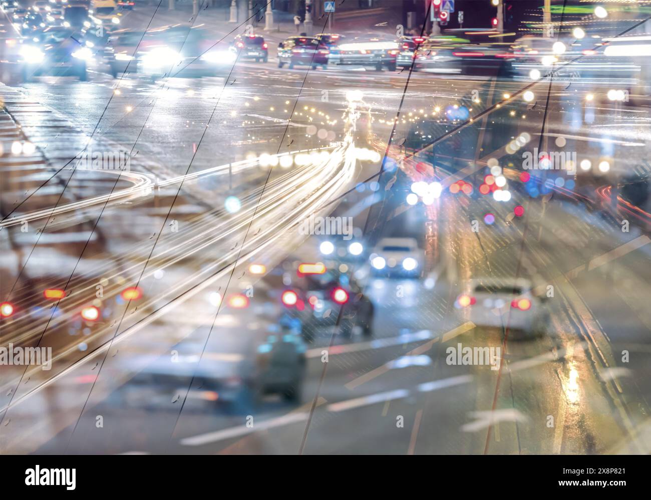 long exposure light trails from moving cars. night traffic in city ...