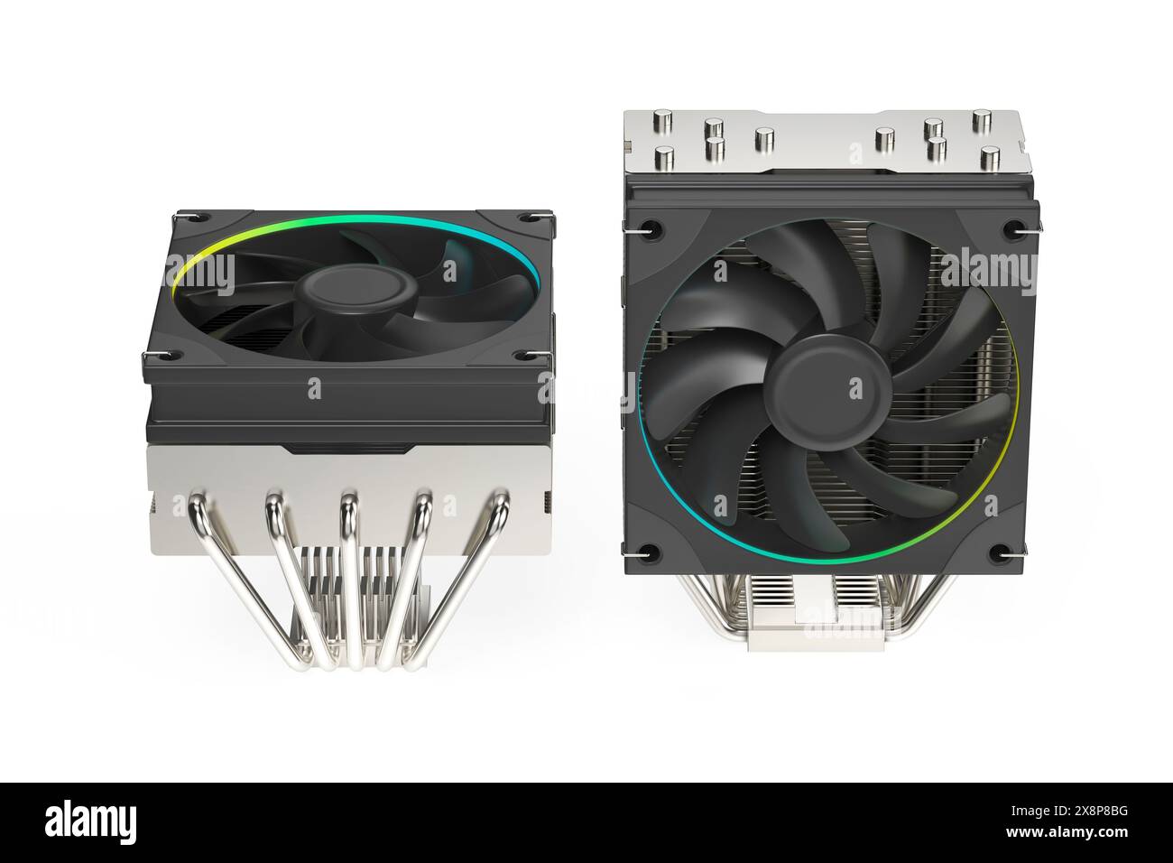 Low profile and tower type computer processor coolers on white ...