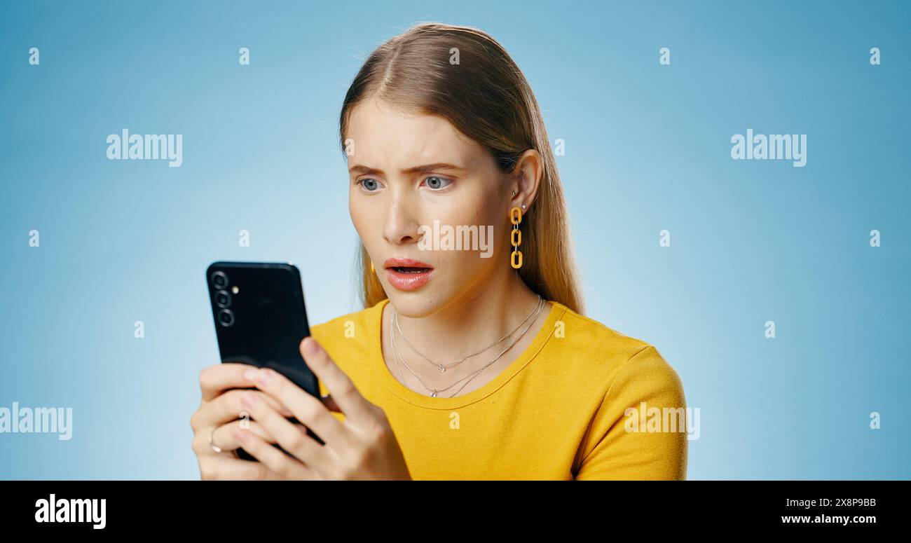 Scam, phone and text with woman and fake news from phishing and reading ...