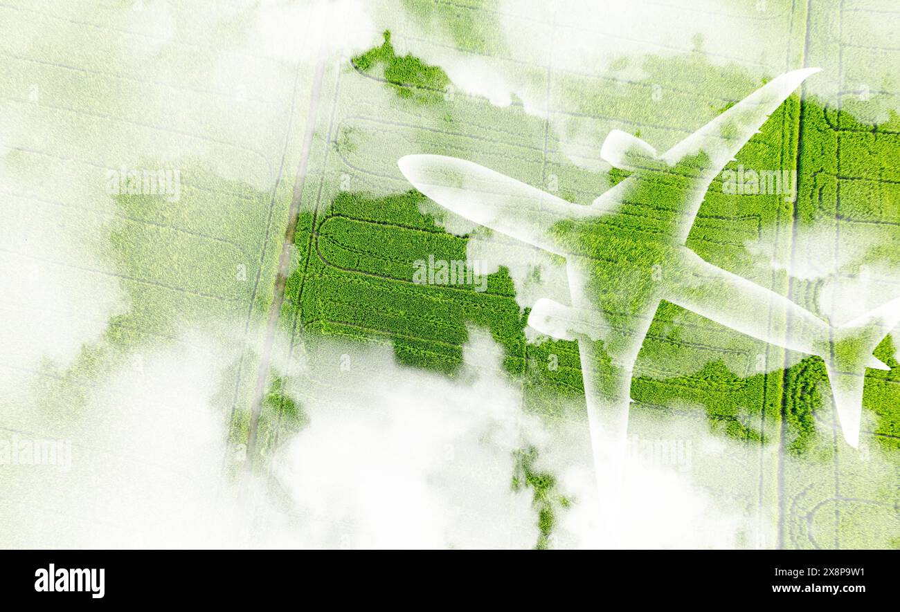 Sustainable aviation fuel concept. Net zero emissions flight. Sustainability transportation. Eco ...