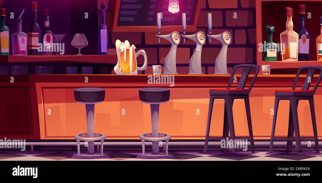 Bar interior with beer glass on counter. Vector cartoon illustration of ...