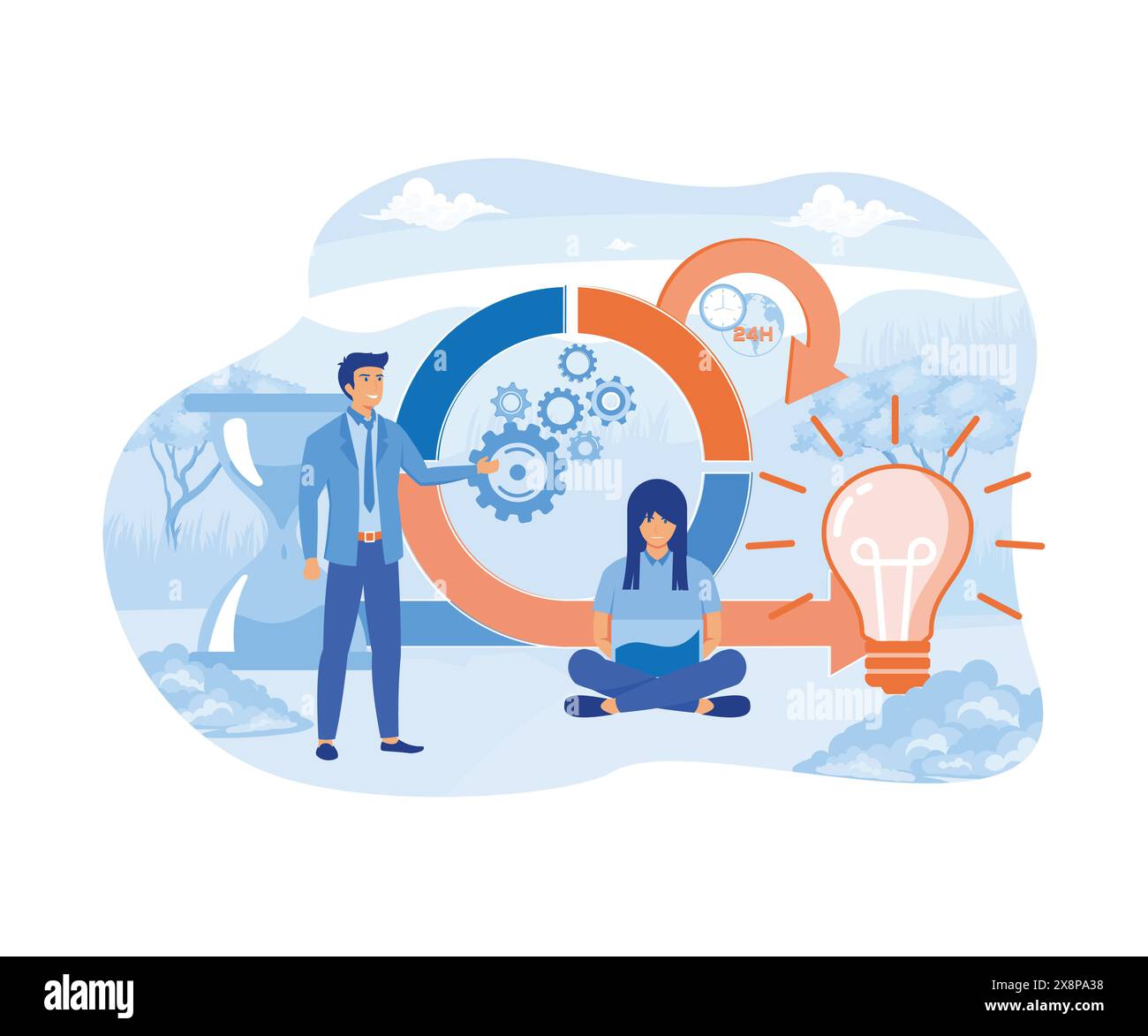 Scrum framework concept. Man and woman with laptop near gears and ...