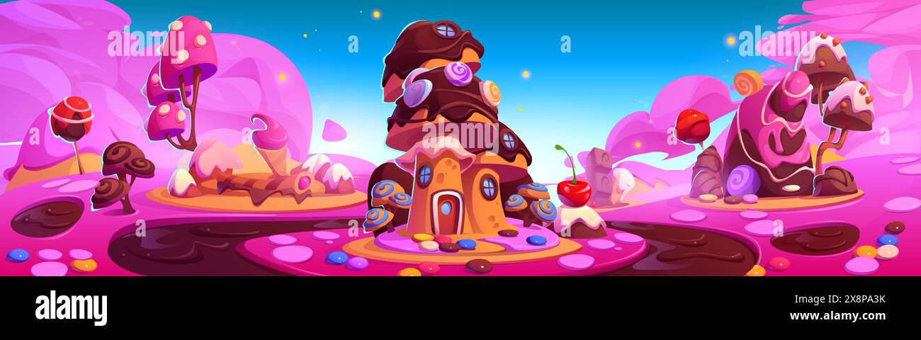 Candy land world with sweet game landscape vector. Fantasy magic pink ...