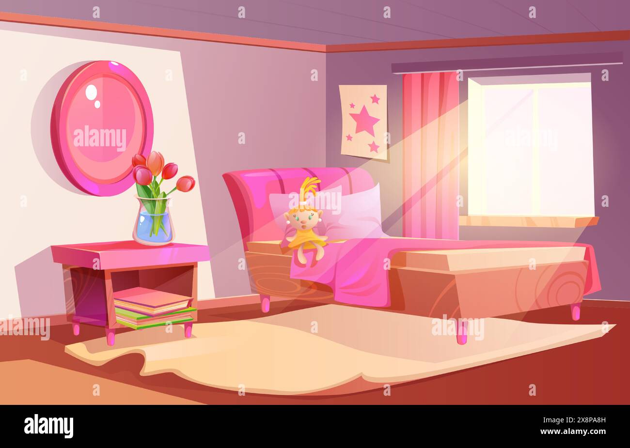 Pink girl bedroom interior vector cartoon. Girly house with bed and ...