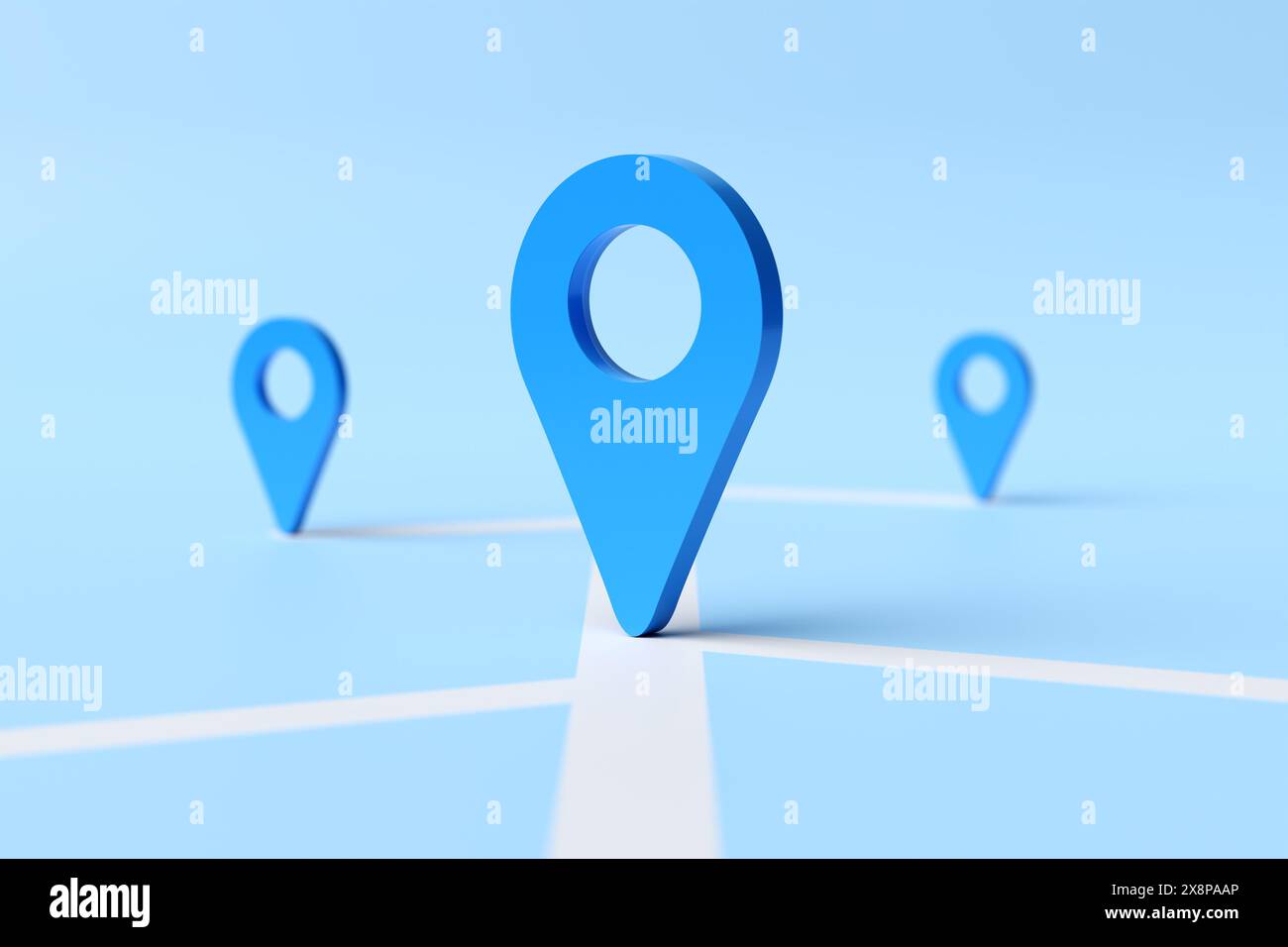 Location map pin icons on blue background. Travel route, navigation ...