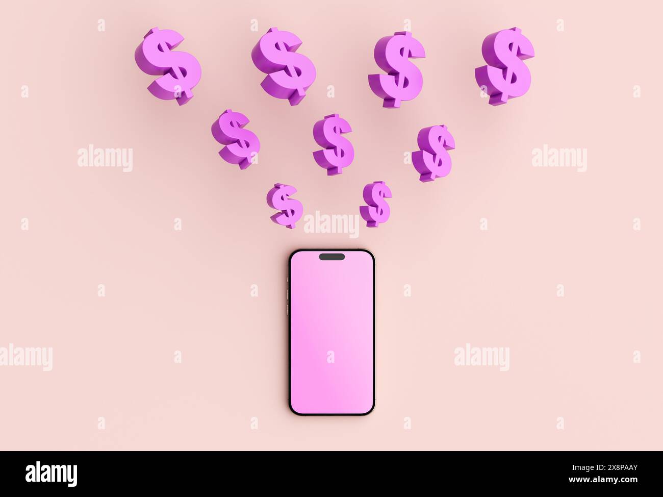 Smartphone with blank screen and levitating Dollar symbols on pink ...