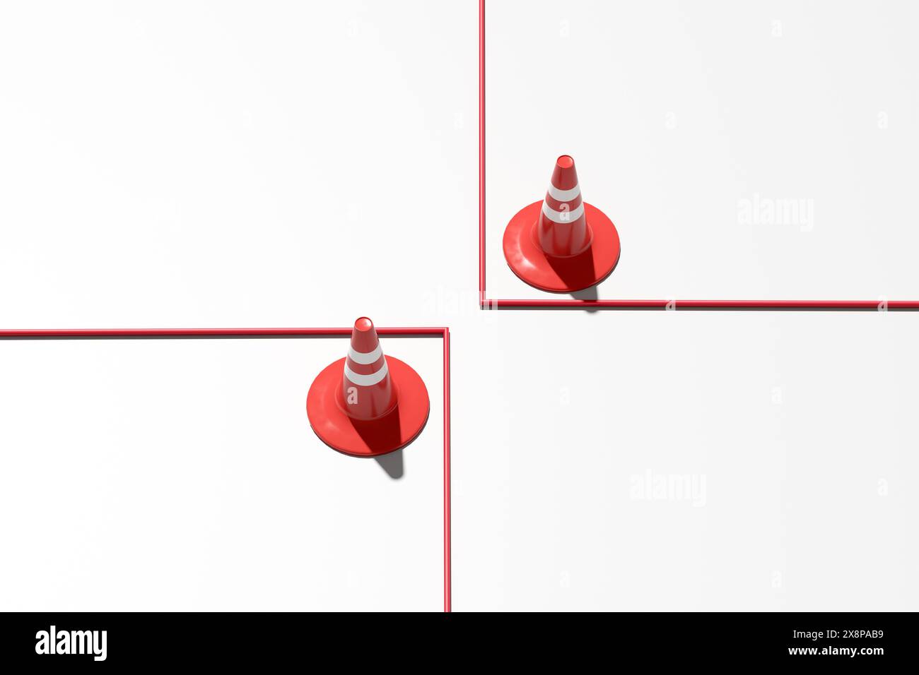 Traffic Cones divided by a red line in two different zones. Separation ...