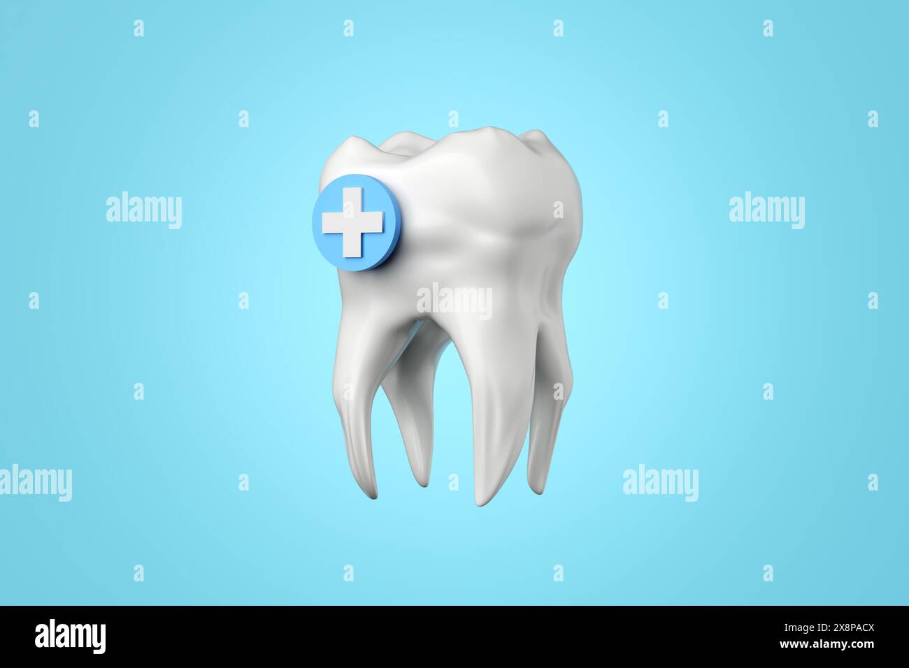 White molar tooth with a plus symbol on blue background. Oral hygiene ...