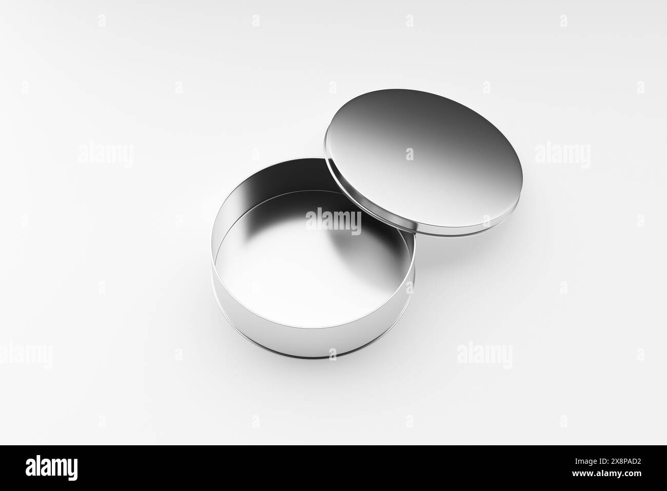 Opened round aluminum metal tin box on white background. Template ...