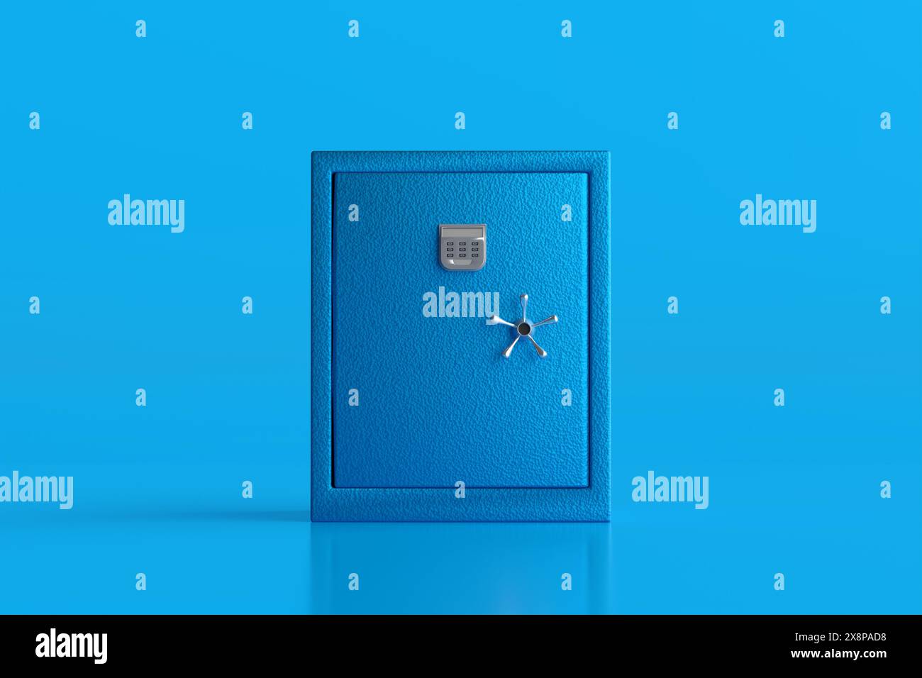 Blue metal safe with a combination lock on blue background. 3D render ...