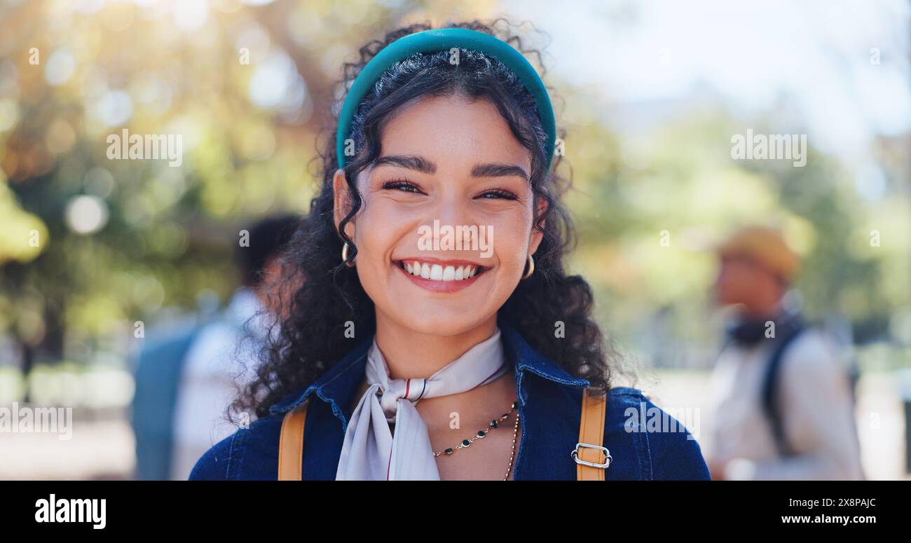 Woman, campus and student portrait with phd and smile at university ...