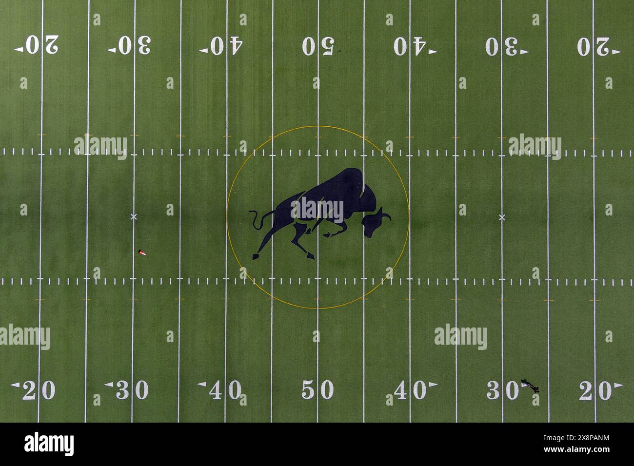The Brahmas logo on the Football field at John Shepard Stadium at Los ...