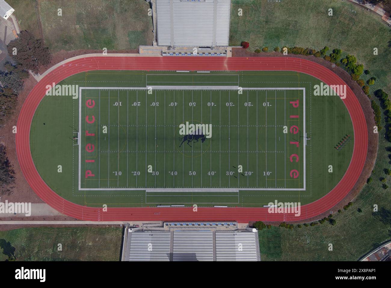 A general overall aerial view of the Football field and track at John ...